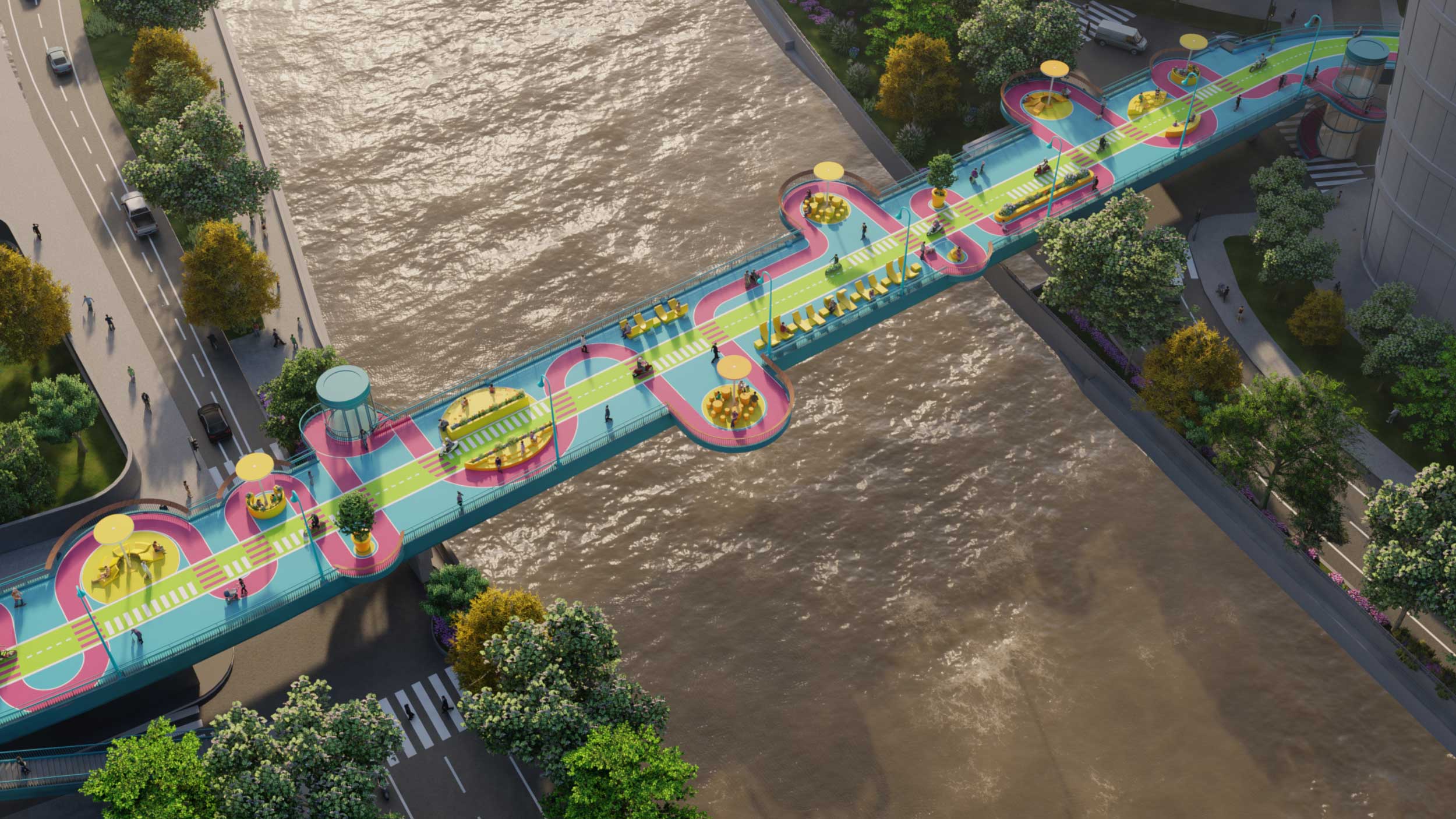 100 Architects proposes vibrant street concept for pedestrian bridge ...